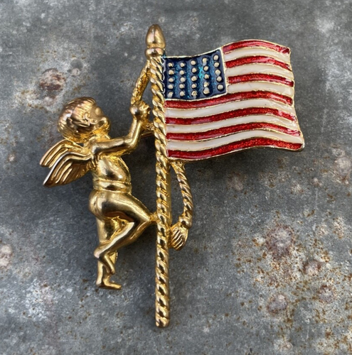 Vintage gold tone Angel holding American Flag Brooch | eBay
