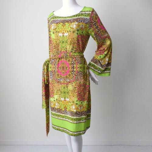 CHARLIE BROWN Shift Dress Size 10 Long Flared Sleeves Belted Stretch ...