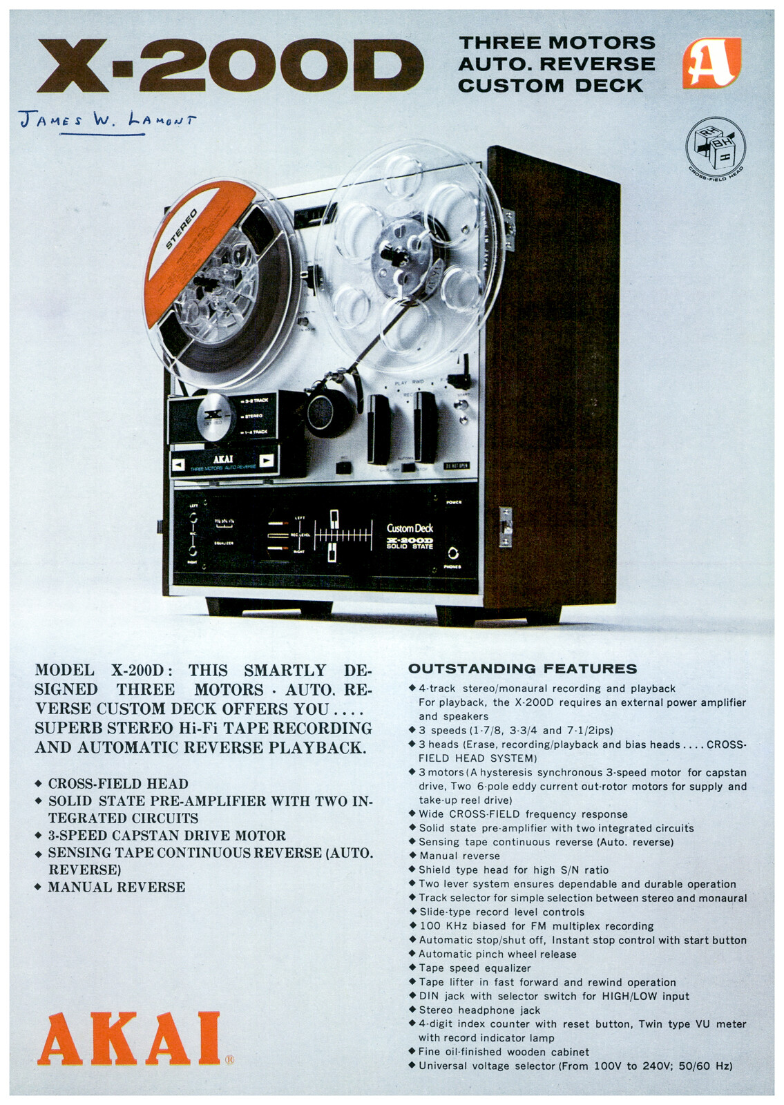 Akai X-200D Reel to Reel Dealer Data / Spec Sheet Brochure *Original ...
