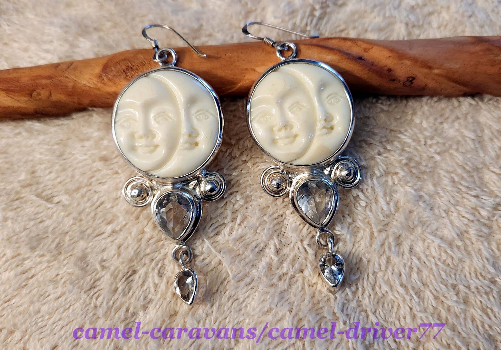 Carved Bovine Bone TWO FACE MOON White Topaz Sterling… - Gem