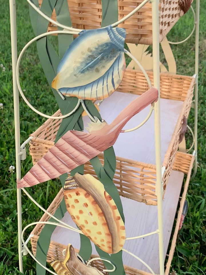 Vintage NAUTICAL DECOR 3 Tier Stand Conch Shell Seashell Metal Shelf ...