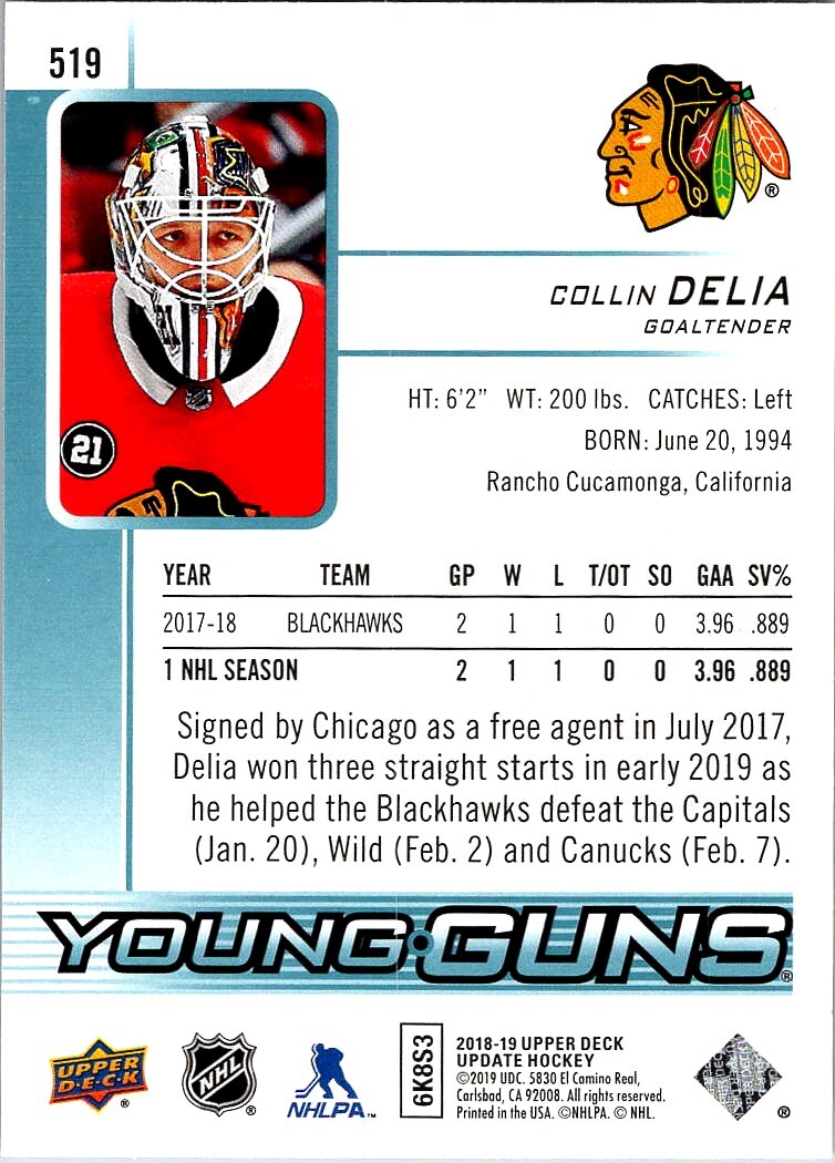 2018-19 Upper Deck Young Guns Collin Delia RC #519 | eBay
