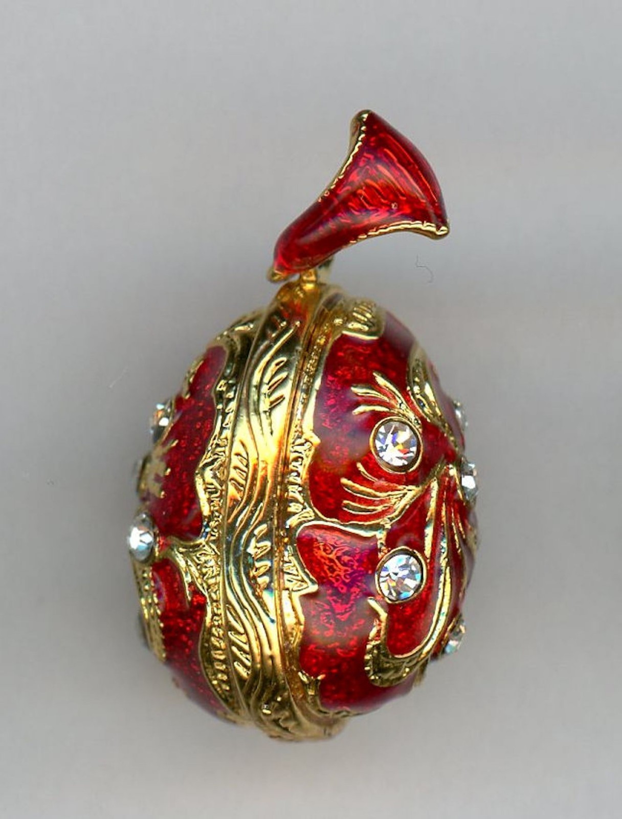 Russian Faux Egg Pendant w/clear crystals, gold swirls, Red and gold ...