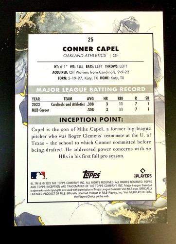 2023 Topps Inception Baseball Connor Capel Rookie Card #29 Oakland ...
