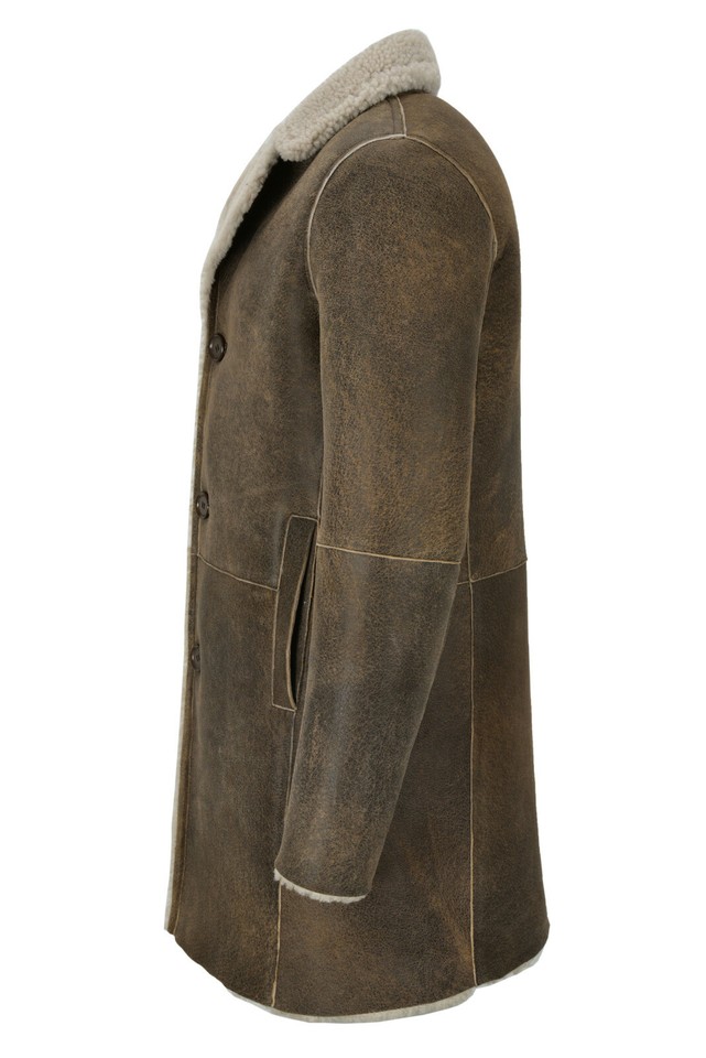 Men's 3/4 Warm Genuine Leather Sheepskin Curly Fur Trench Reefer Bane ...