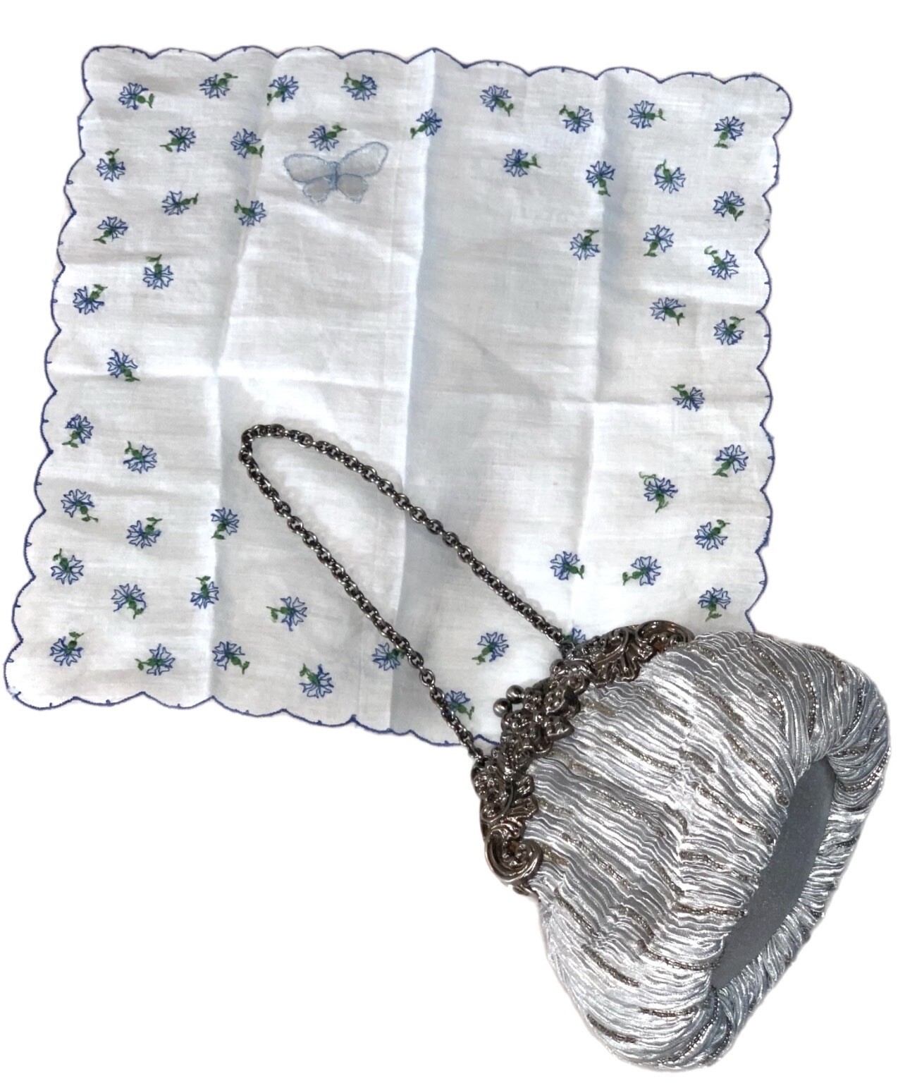 Elka Beaded Handbag and Hanky Handkerchief Grayish Silver Silk Silver ...