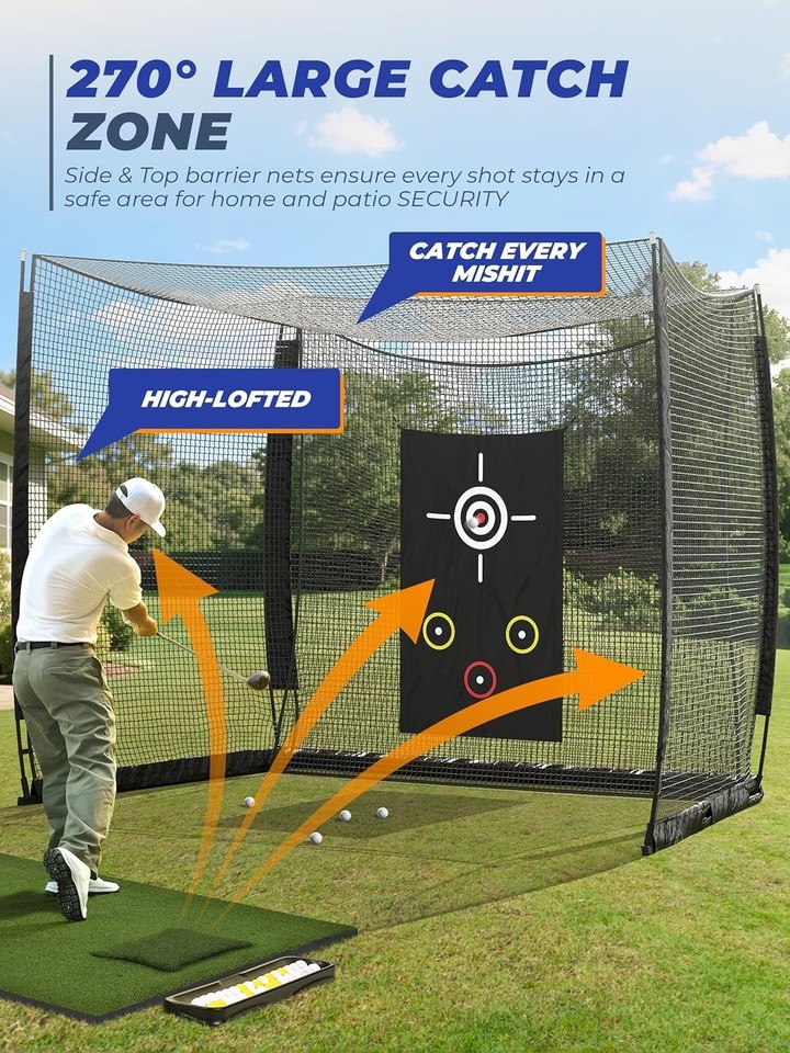 10x8ft Golf Hitting Cage Practice Net Double Layer 270° Catch Zone ...
