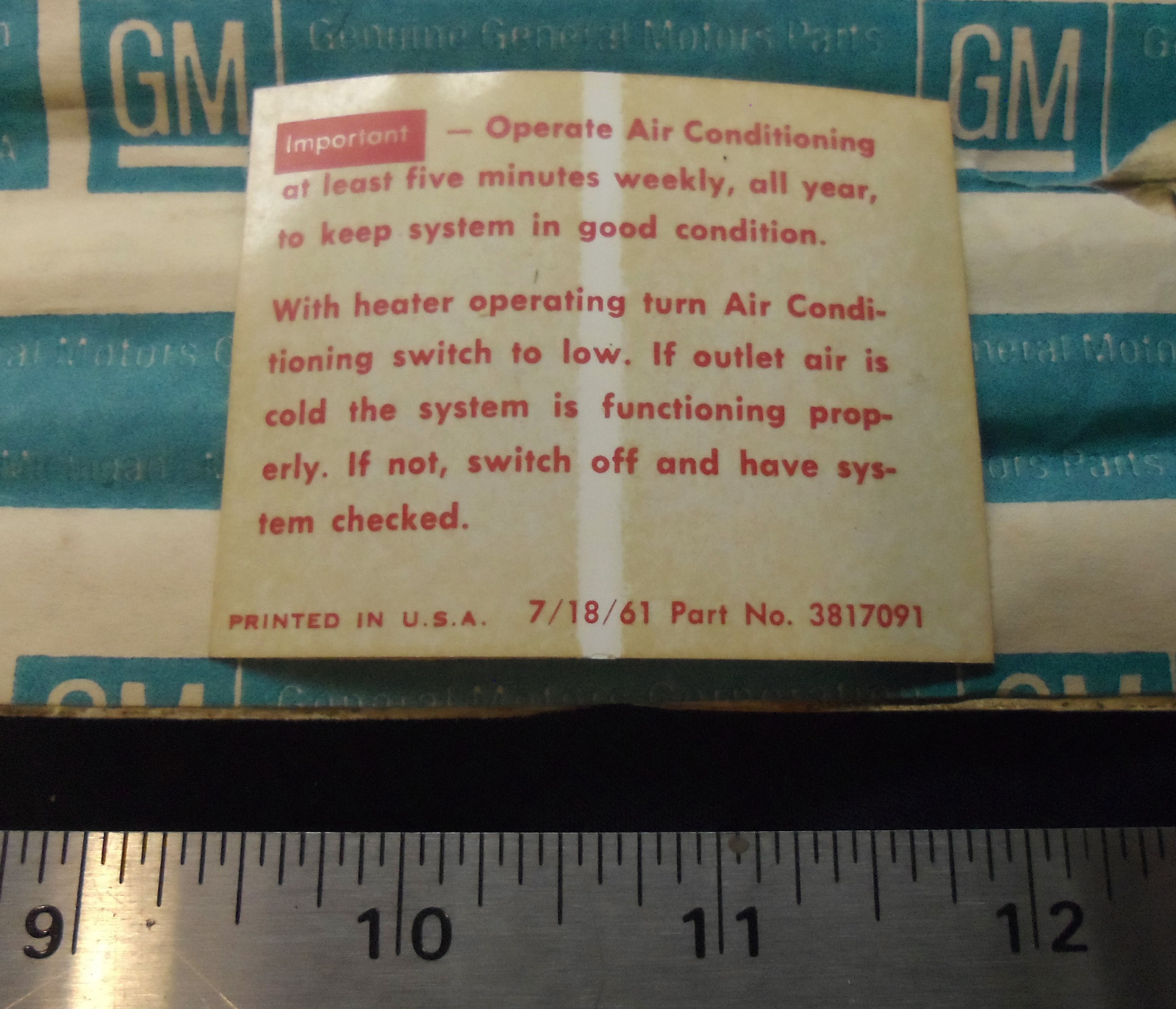 NOS 1962 Chevy Air Conditioning Instructions Glove Box Decal corvette ...