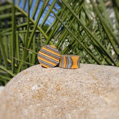 Charcoal Brown Orange Spectraply Wood Ear Plugs - Ear Gauges - Double ...