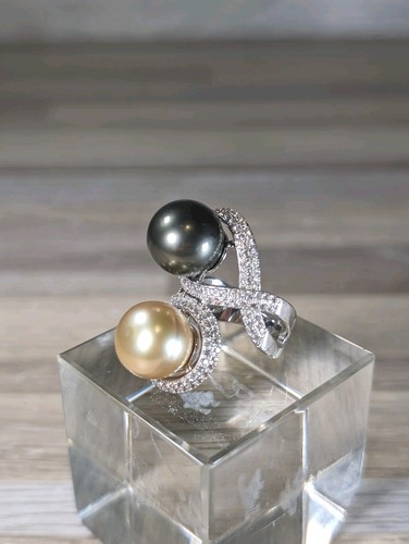 JTV 12mm South Sea & Tahitian Pearl Ring Zircon Rhodium Sterling Silver ...