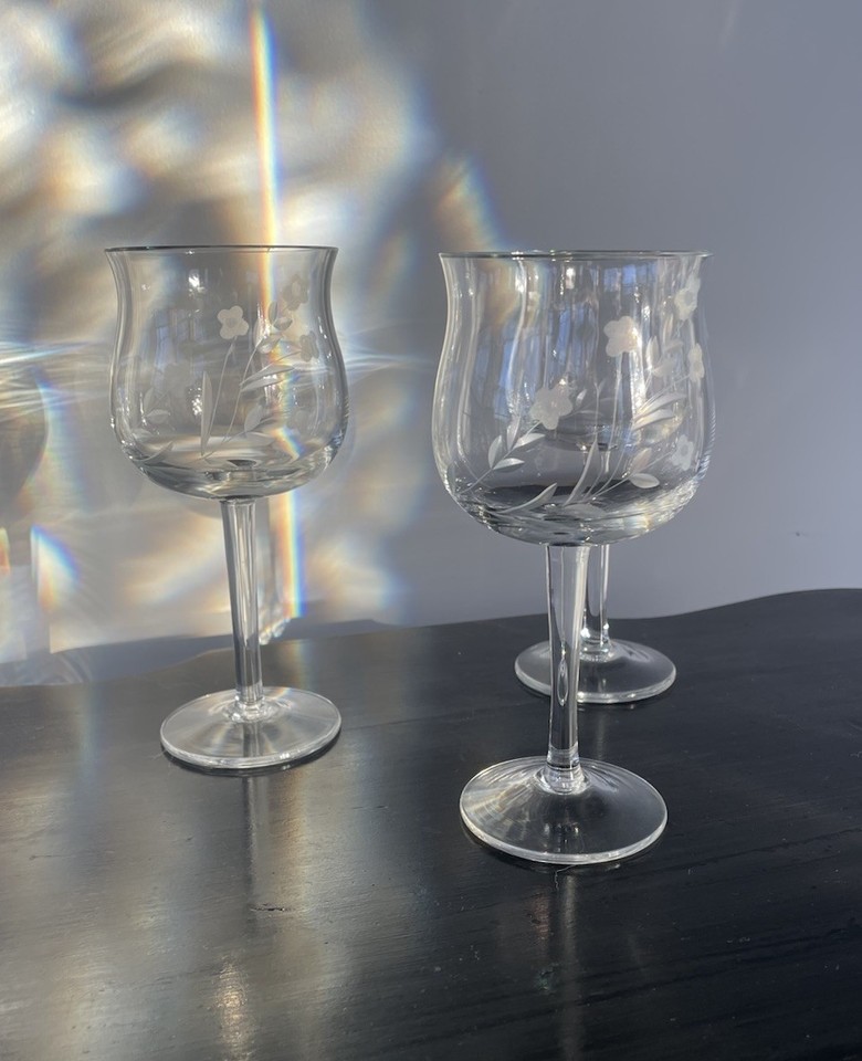 Vintage Romania Etched Glass Wine Goblets Floral Pattern Set Of 3 | eBay