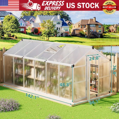 8x12 ft Polycarbonate Greenhouse Large Walk-in Greenhouse Outdoor ...