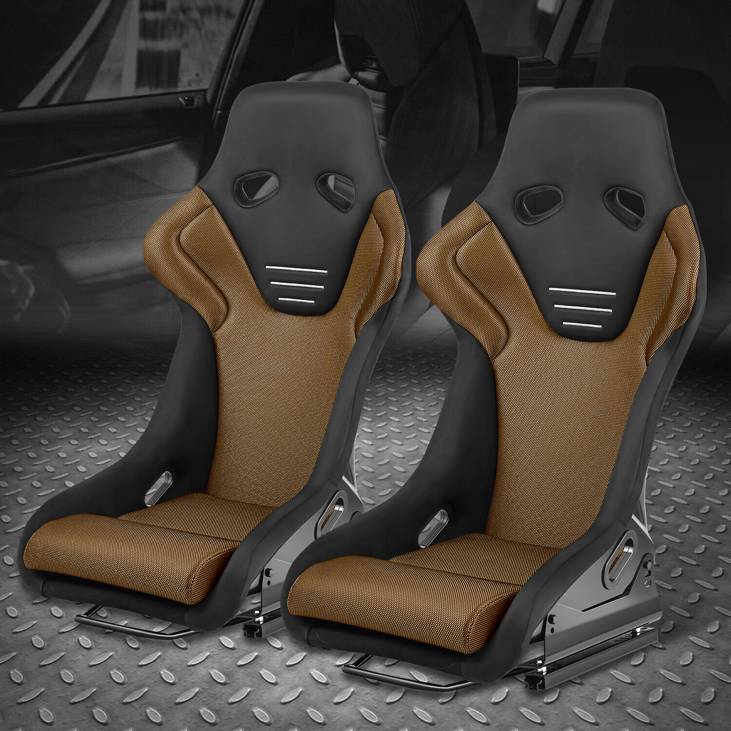 Pair of Universal Gold Microfiber Suede Fixed Racing Bucket Seats w ...