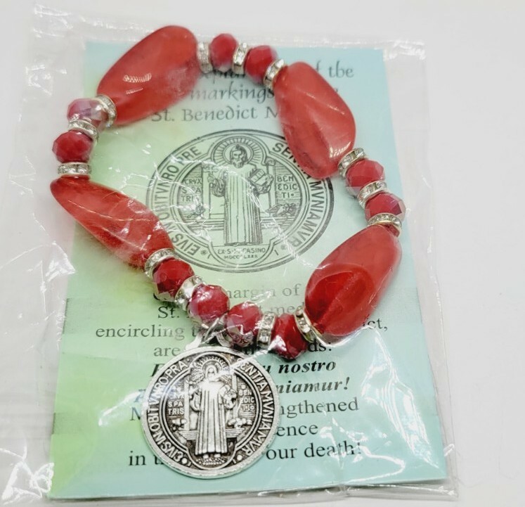 Saint St Benedict Medal Silver Rosary Beaded Bracelet Stretch VRSNSMV ...