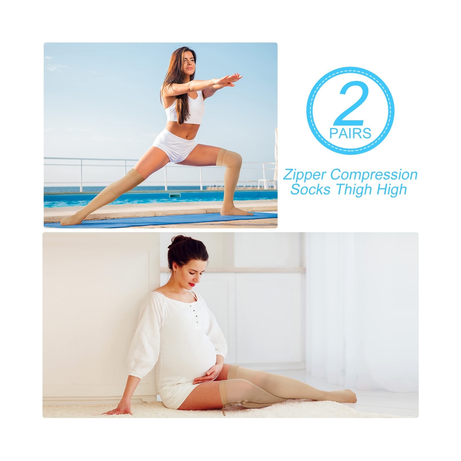 2 Pairs Zipper Compression Socks Thigh High 20-30 mmHg Compression ...
