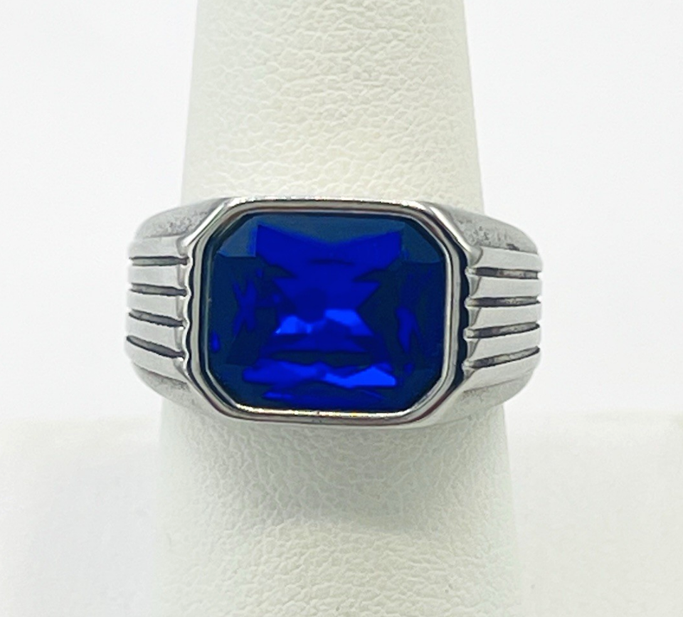 Unisex Stainless Steel Faceted Royal Blue Faux Sapphire Glass Stone ...