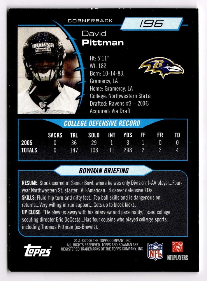 2006 Topps Bowman Rookie Card David Pittman #196 Baltimore Ravens | eBay