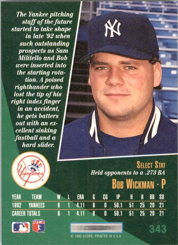1993 Select Bob Wickman RC New York Yankees #343 Baseball Card | eBay