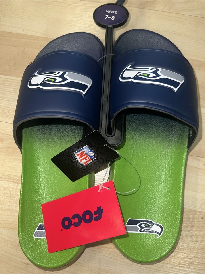 Men’s New Seattle Seahawks Logo Navy / Green Slides Foco Sandals Size 7 ...