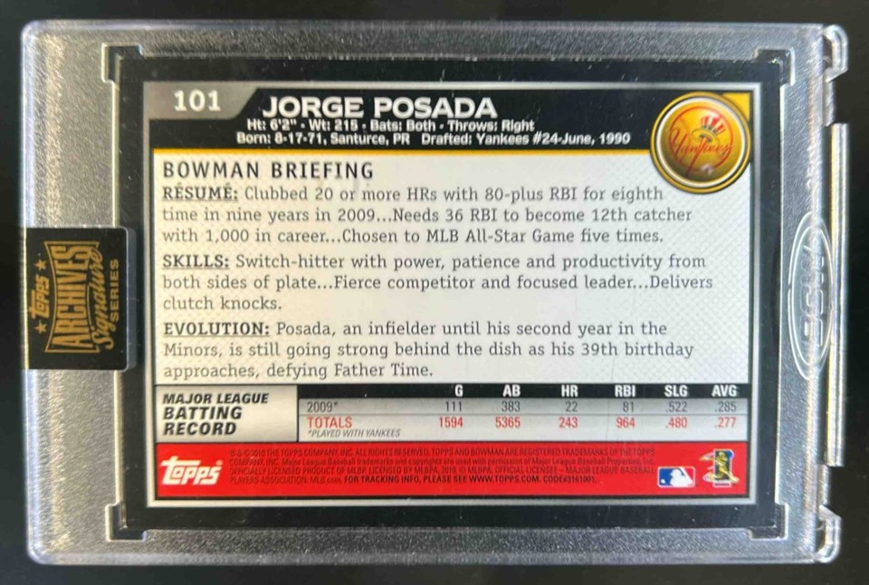 2022 Topps Archives Signature Series Jorge Posada 2010 Bowman Auto #1/1 ...