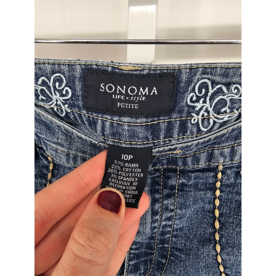 SONOMA life + style Blue Floral Embroidered Cotton Blend Boot-leg Jeans ...