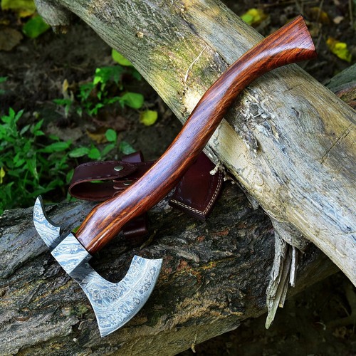 CUSTOM HAND FORGED DAMASCUS STEEL VIKING BEARDED CAMPING HATCHET ...