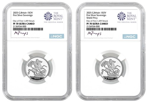 2025 2P SET G. BRITAIN SOV FIRST SILVER SOVEREIGN JENNINGS SIGNED 1 of ...