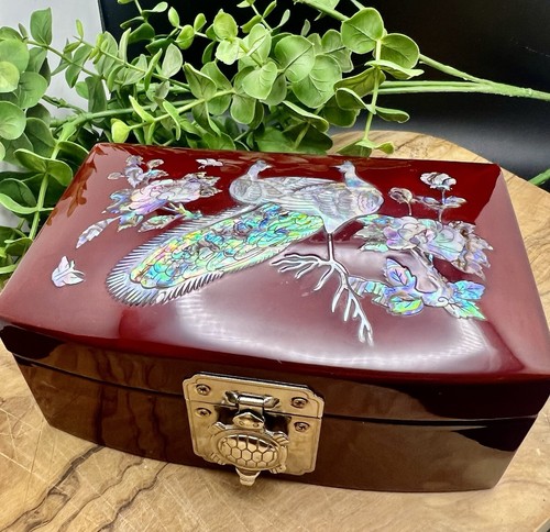 Vtg Lacquer Mother Of Pearl Abalone Turtle Latch Peacock Jewelry Ring ...