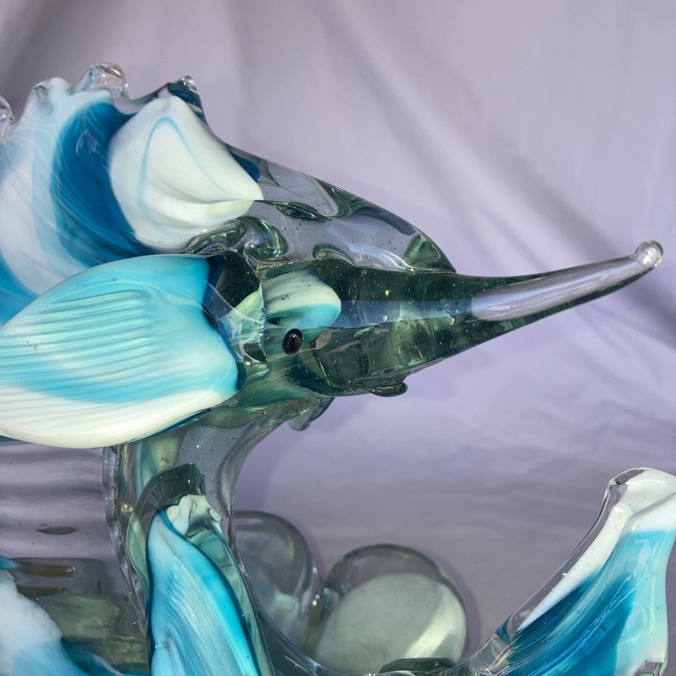 Sailfish Blown Art Glass Sculpture 10 Inch MCM Retro Aqua Ashtray Candy ...