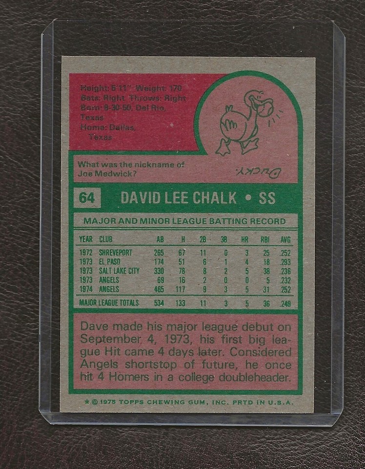 1975 Topps Baseball #64 Dave Chalk, California Angels, NM-MT, Centered ...