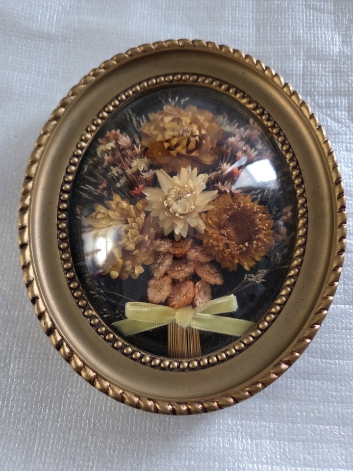 VINTAGE DRIED FLOWER BOUQUET IN CONVEX DOMED PLASTIC FRAME | eBay