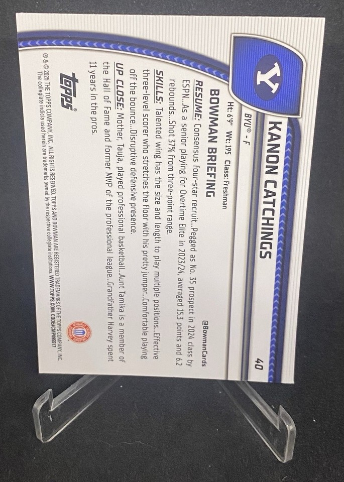 KANON CATCHINGS 2024-25 Bowman University 1st BYU PURPLE Refractor /399 ...