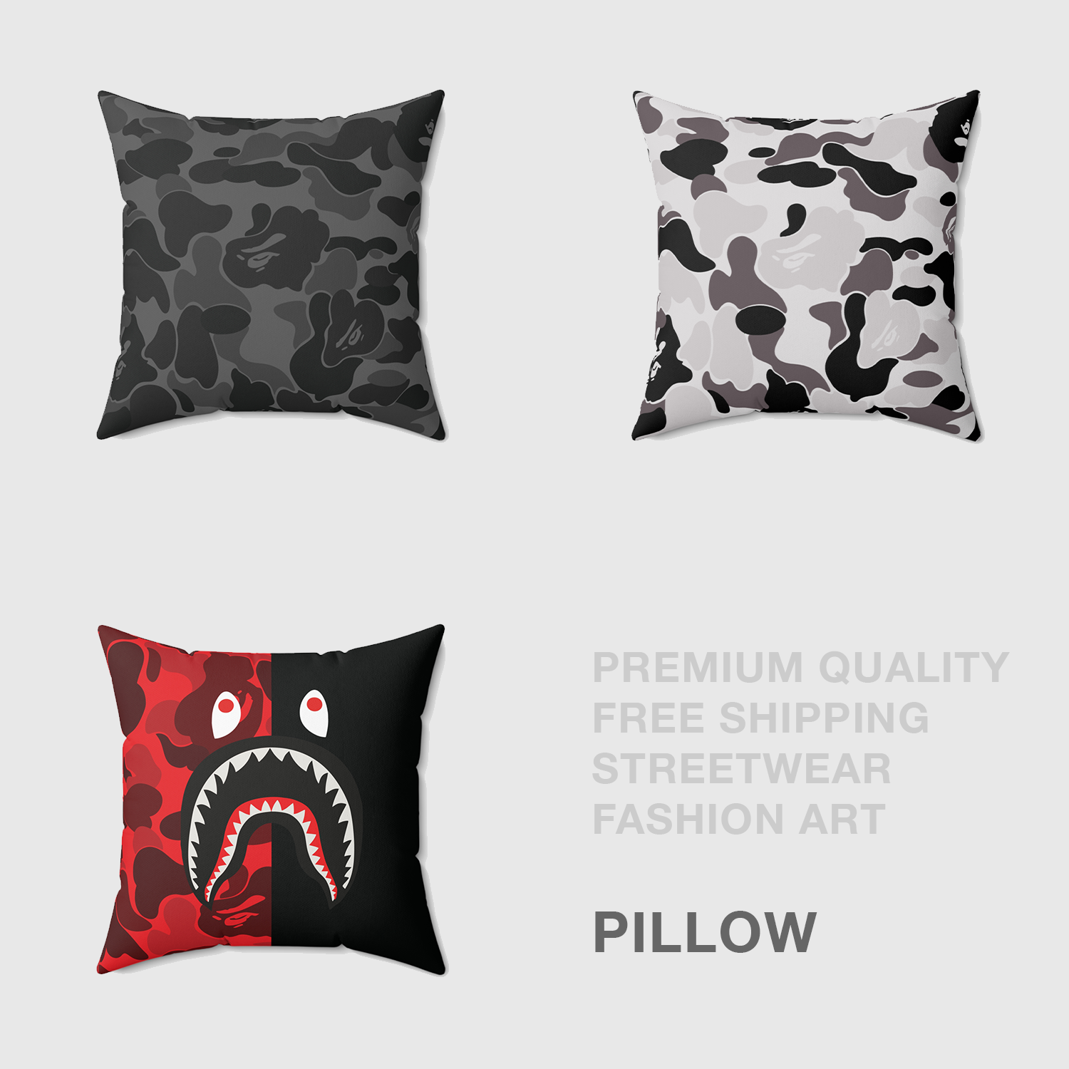 Classic Bape Camo ABC Shark 18x18 Throw Pillow Decor Bathing Streetwear ...