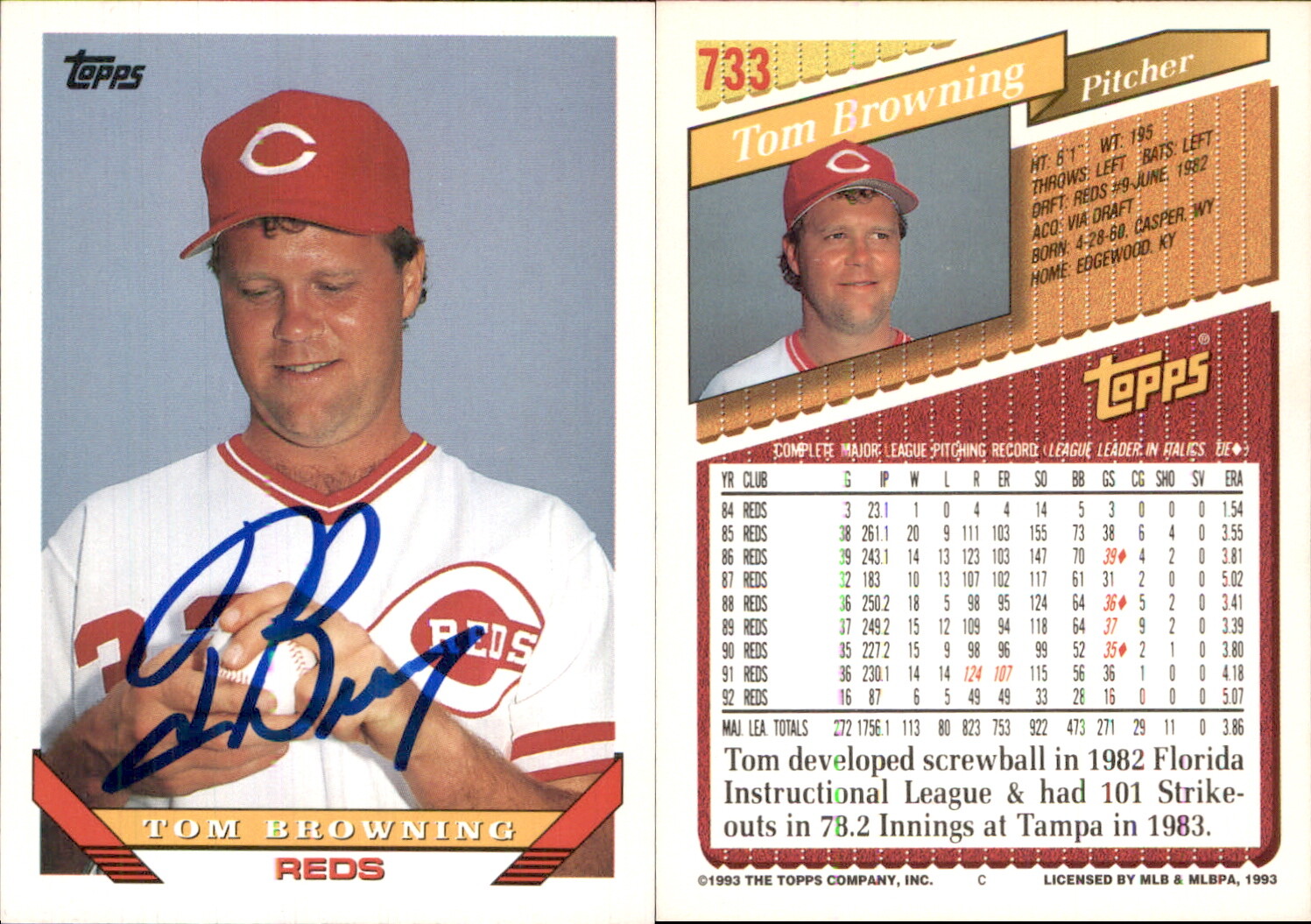 Tom Browning Signed 1993 Topps #733 Card Cincinnati Reds Auto AU | eBay