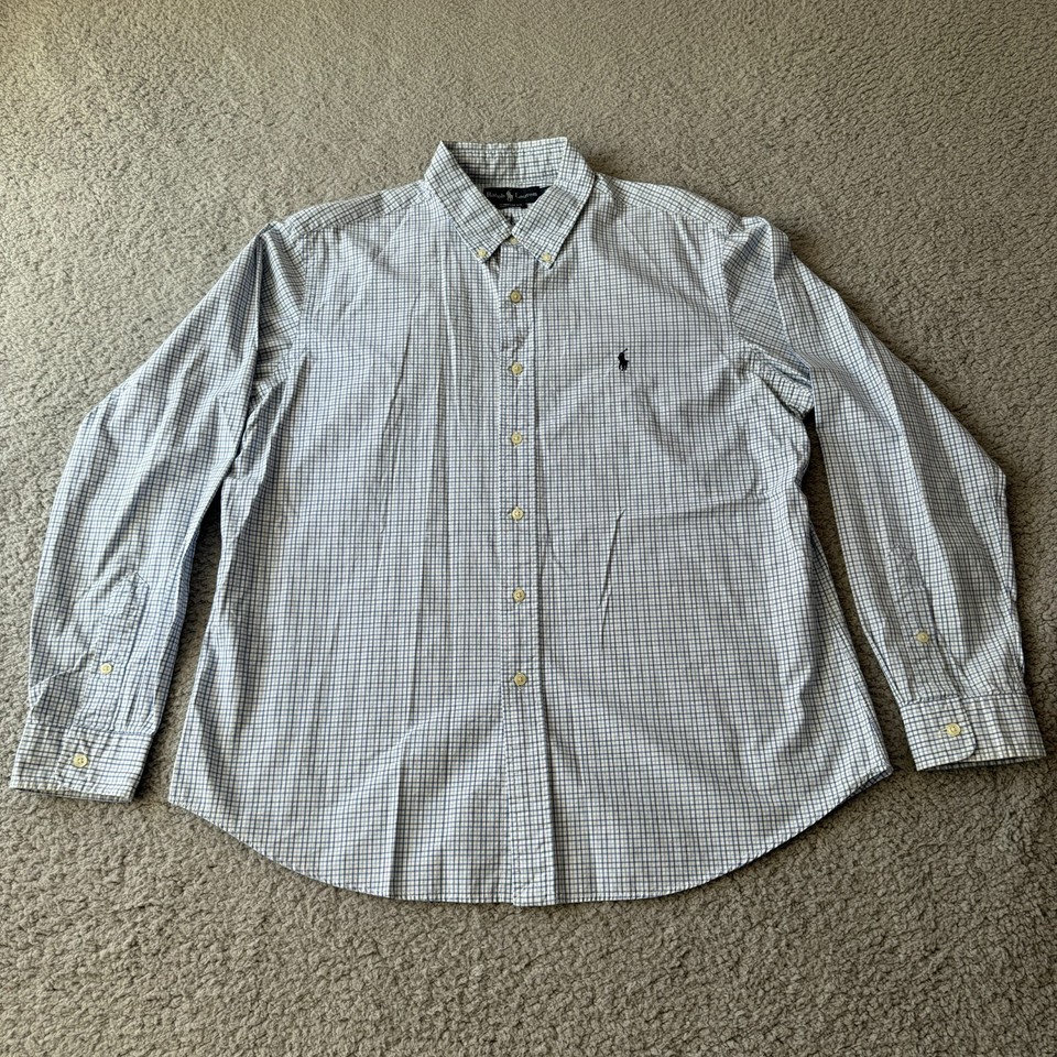 Ralph Lauren Mens Shirt Extra Large White Blue Plaid Custom Fit Long ...