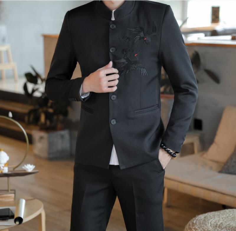 Men Chinese Style Embroidery Blazers Stand Collar Formal Slim Jacket ...