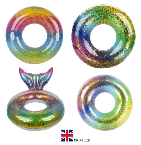 INFLATABLE GLITTER SWIMMING RINGS Pool Water Floats Kids Beach Ring ...
