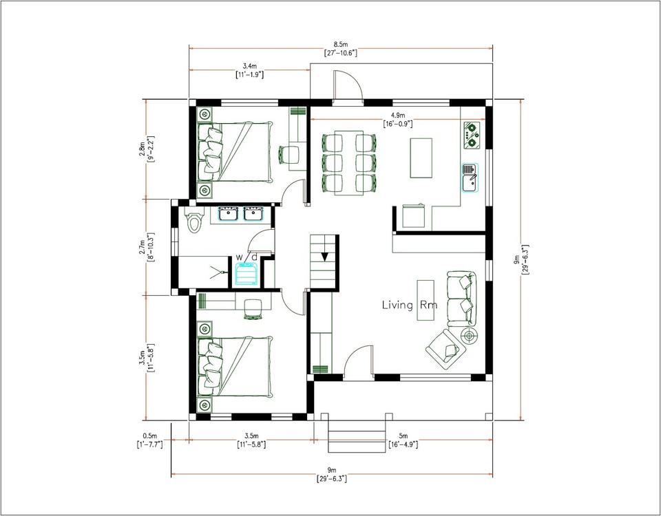 30x30 Feet House Plan 9x9 Meter 2 Bed 1 bath Gable Roof PDF Plan (A4 ...