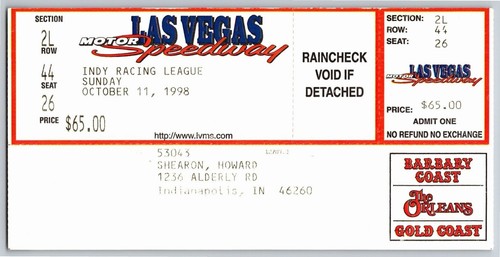 1998 Las Vegas Motor Speedway 500K IRL Indy Racing League Unused Ticket ...