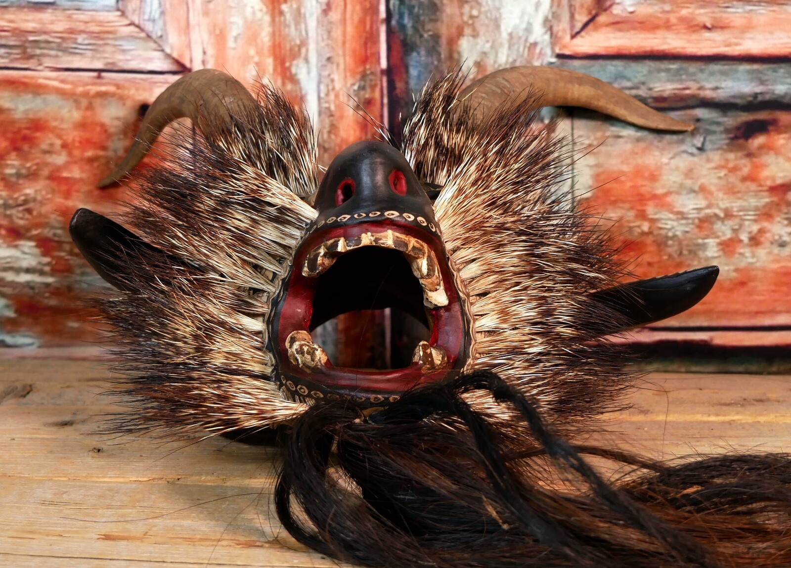 Goat Mask Horns Boar Hair Brows Whiskers Wood Handmade Guerrero Mexican ...