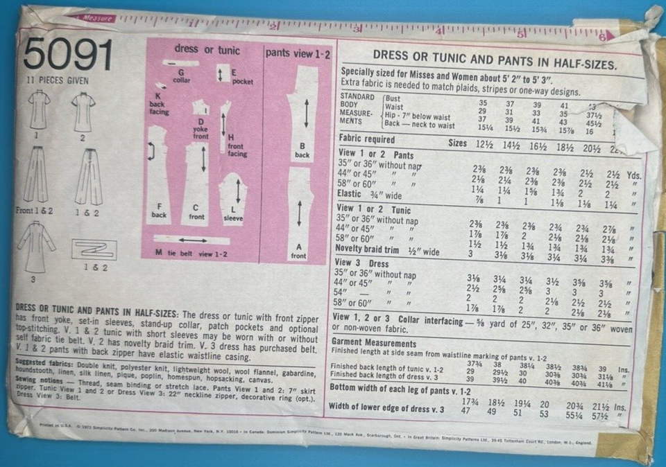 Tunic Dress Pants Pattern Simplicity 5091 1970's Size 12.5 Half Vintage ...
