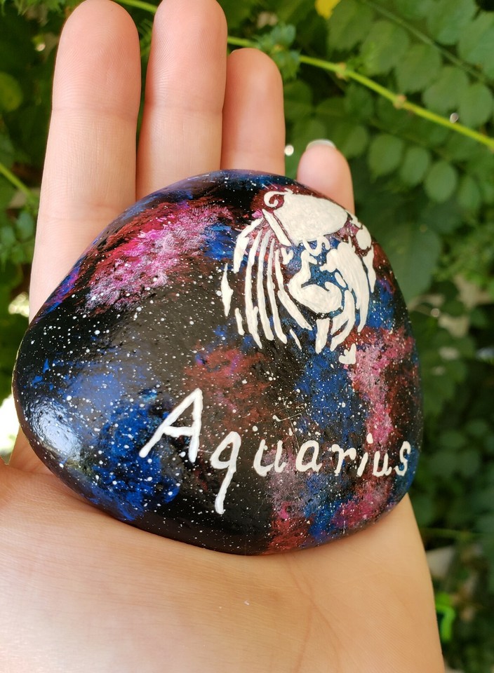 Hand Painted Rock Aquarius Zodiac Sign Galaxy Stone | eBay