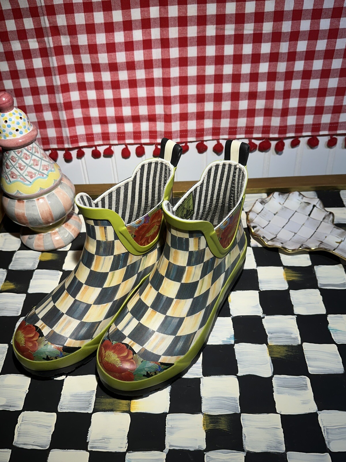 Mackenzie Childs Courtly Check Low Rain Boots Size 5 - Gem