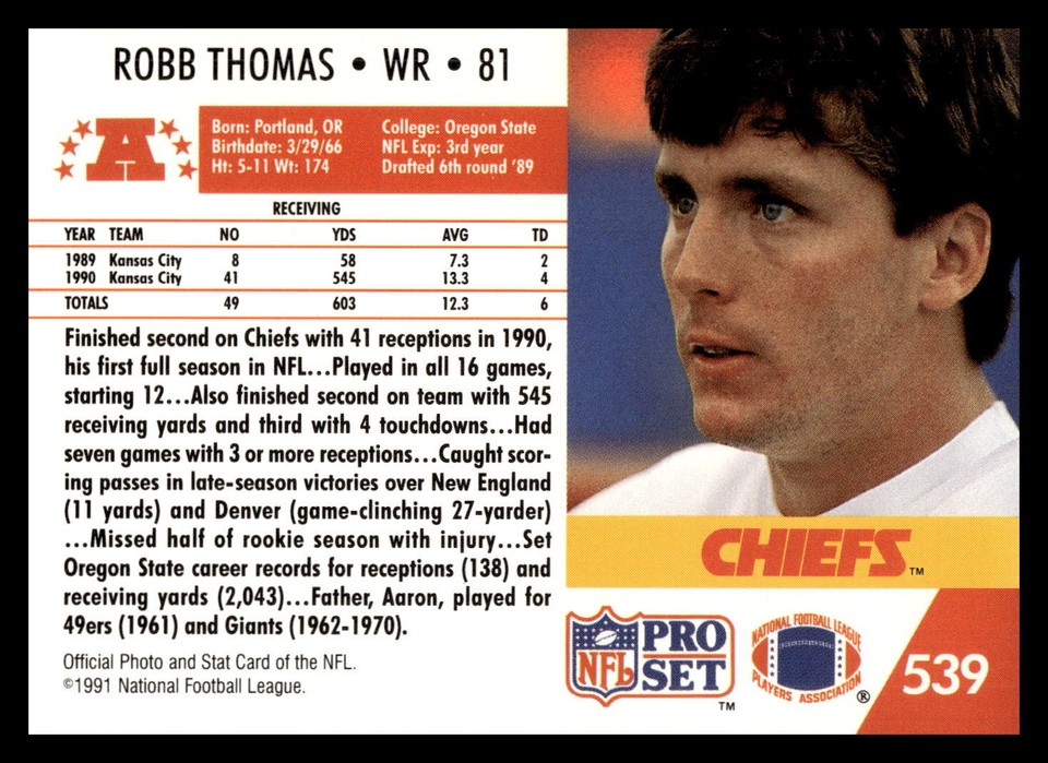 1991 Pro Set #539 Robb Thomas Kansas City Chiefs Football EX/NM | eBay