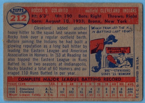 1957 Topps #212 Rocky Colavito GOOD CREASE ROOKIE RC Cleveland Indians ...