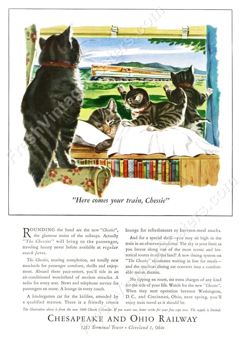 1940s Chessie kitten cat family on C&O train vtg print ad NEW POSTER ...