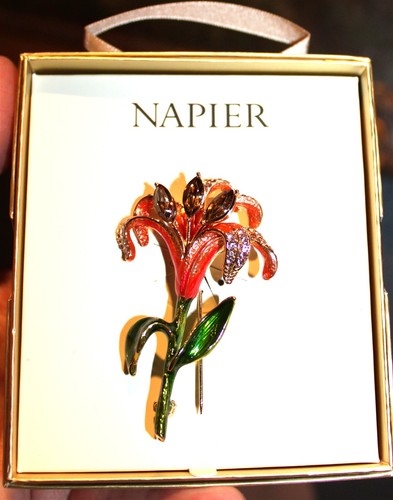 Beautiful flawless NAPIER signed crystal lily flower Brooch Pin in box ...