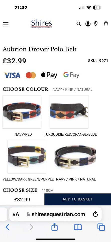 Shires Aubrion Drover Polo Belt 110vm Pink Blue | eBay