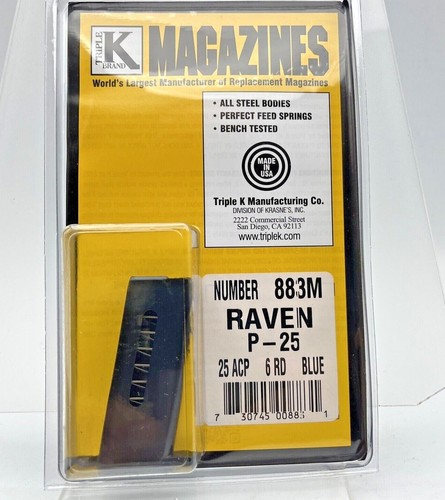 Raven P-25 M25 Magazine 25 ACP 6 Round Steel Blued Triple K 883M P25 M ...