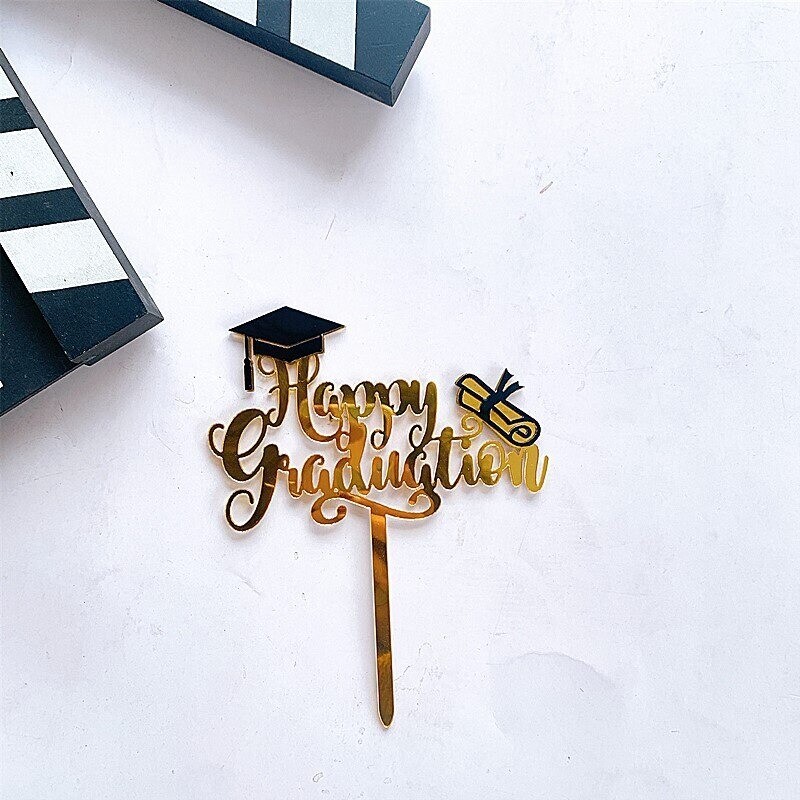 Acrylic Cake Topper Happy Graduation Hat Degree Gold Party Decoration ...